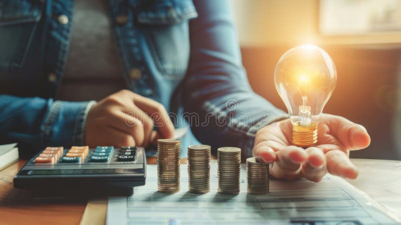 The Lightbulb and Coin Stacks.AI Generated Image Stock Photo - Image of ...