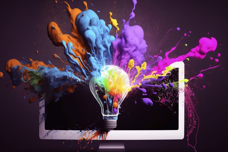 Lightbulb on Computer Screen with Colored Powder. Generative AI. Stock ...