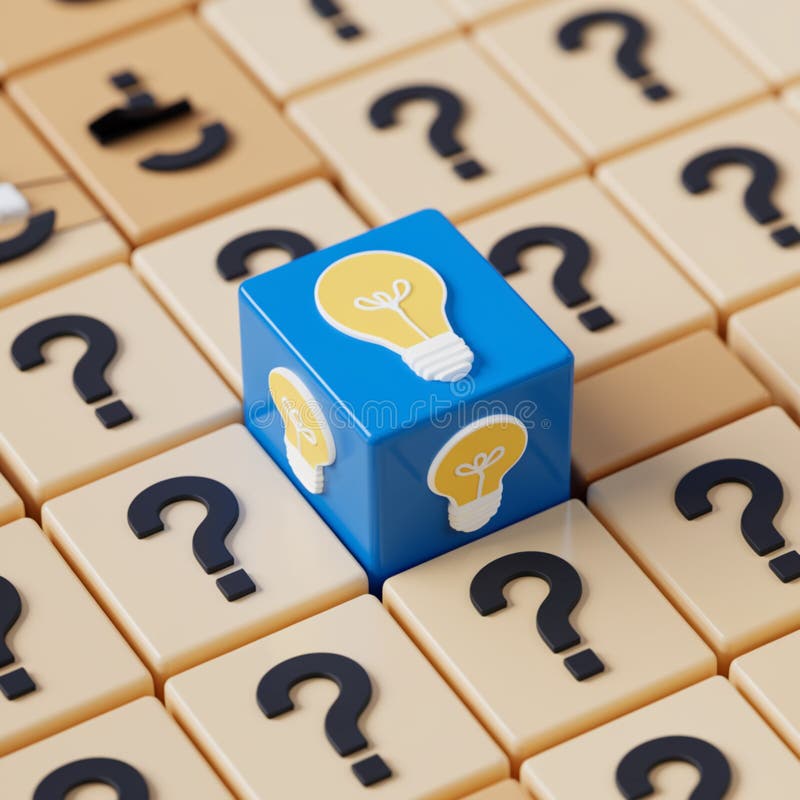 Lightbulb Cube Contrasts Question-mark Cubes, Symbolizing Ideas on Blue Stock Illustration ...