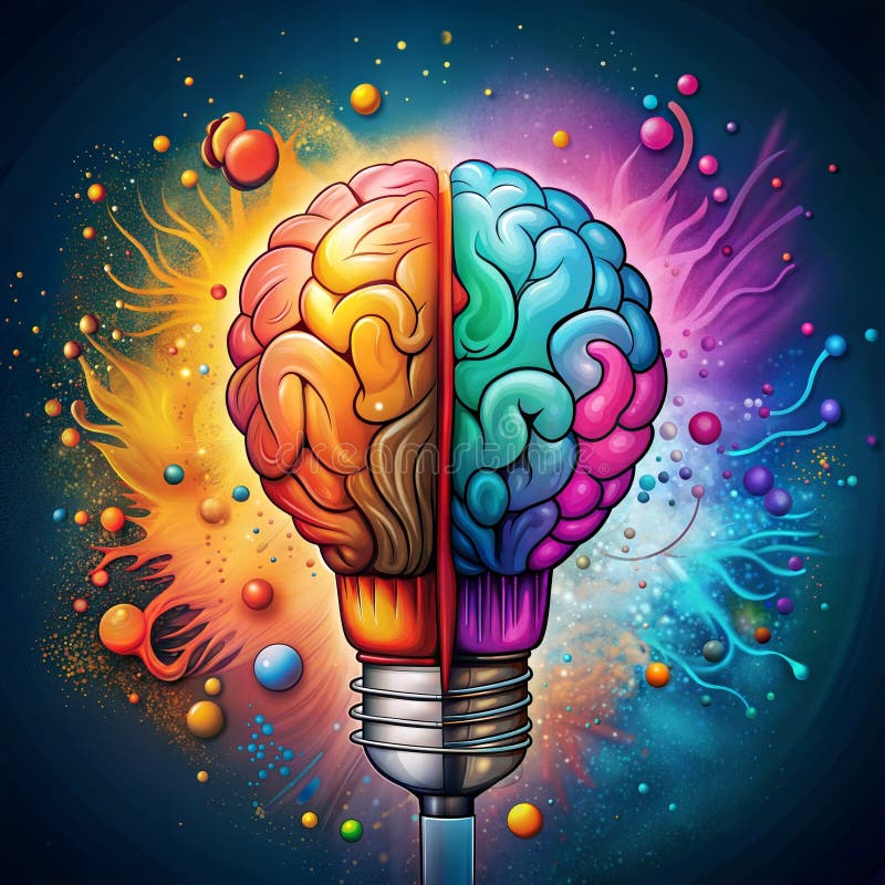 A Vibrant Lightbulb with a Split Brain Design, Bursting with Colors and ...
