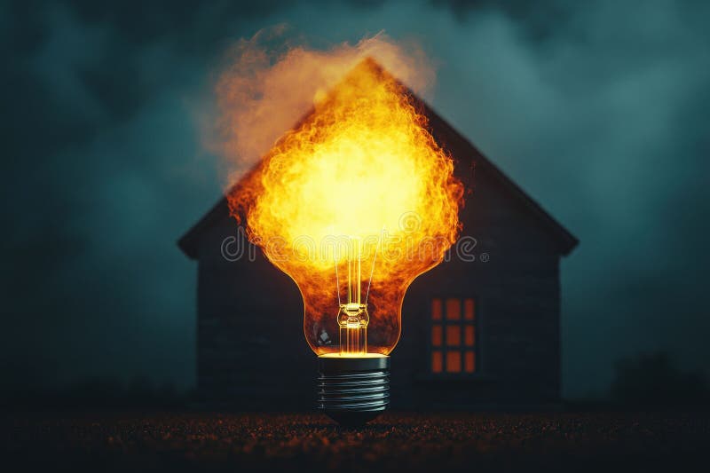 Lightbulb Exploding with Fire in Front of a House Stock Illustration ...