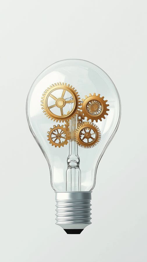 Lightbulb with Gears Innovation. Gold Gears Rotate Inside Clear Glass ...