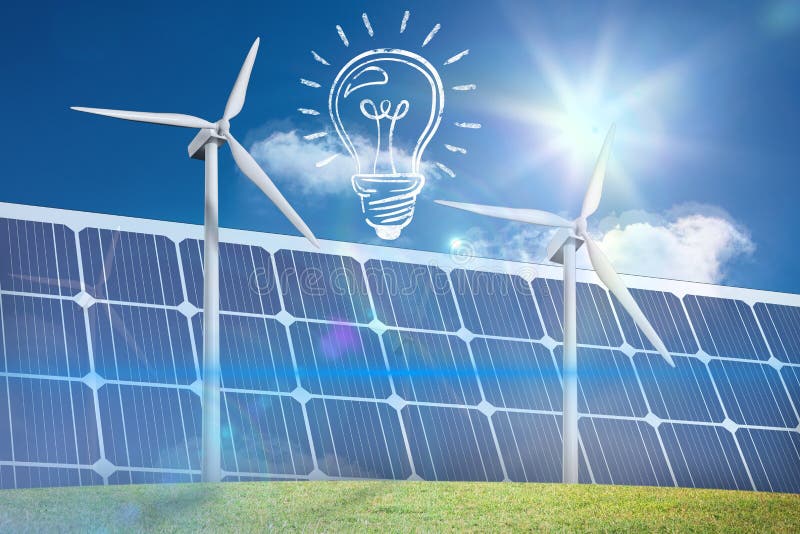 Lightbulb Graphic with Solar Panel and Wind Turbine Stock Illustration ...