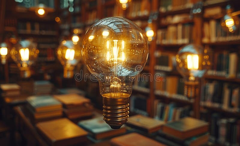 Lightbulb is Hanging from the Ceiling in Library. Light Bulbs and Books ...