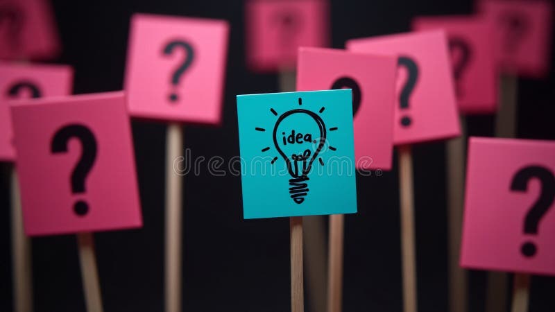 Lightbulb Idea among Question Marks Stock Photo - Image of brand ...