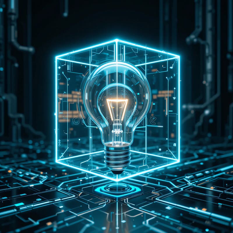 Lightbulb in Digital Cube with Glow Stock Illustration - Illustration ...
