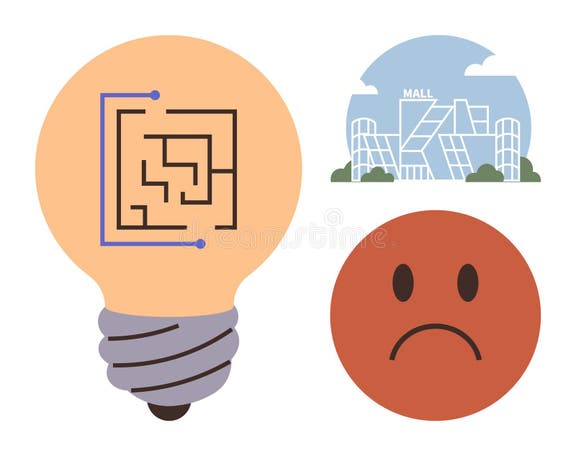Lightbulb with Maze Design, Modern Mall, and Sad Face Representing ...