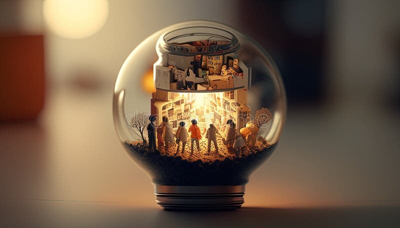 Lightbulb with a Miniature World Inside, Digital Art Illustration ...