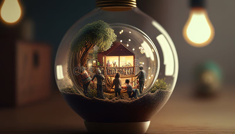 Lightbulb with a Miniature World Inside, Digital Art Illustration ...