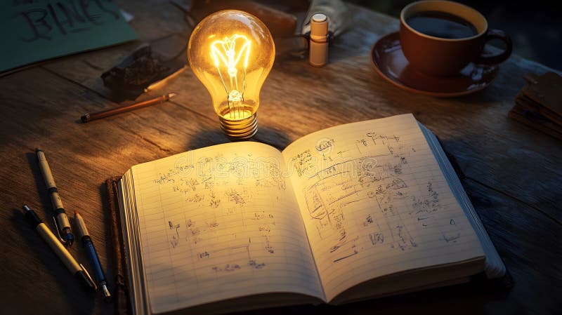 A Lightbulb, Notebook and Pencils As a Concept for Creativity Stock ...
