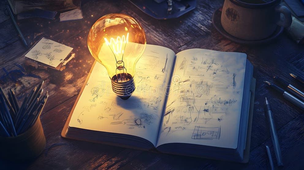 A Lightbulb, Notebook and Pencils As a Concept for Creativity Stock ...