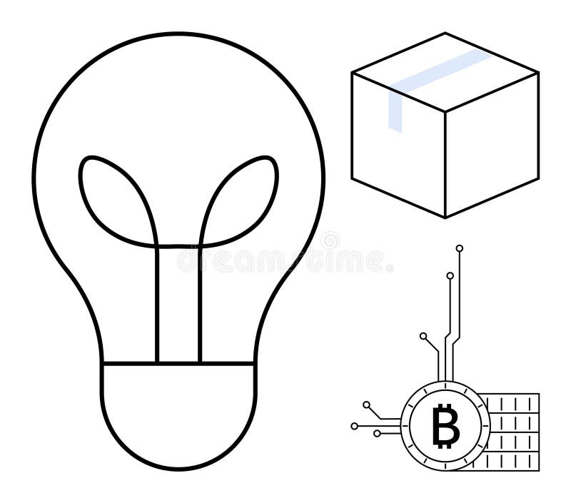 Lightbulb Outline, Box, and Bitcoin Symbol Outlined in Simple Design ...