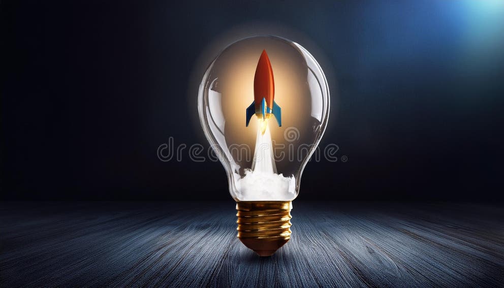 Lightbulb with Rocket Inside on Dark Background, Symbolizing a Startup ...