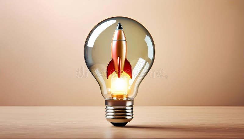 Lightbulb with Rocket Inside, Symbolizing Startup Ideas on Beige ...