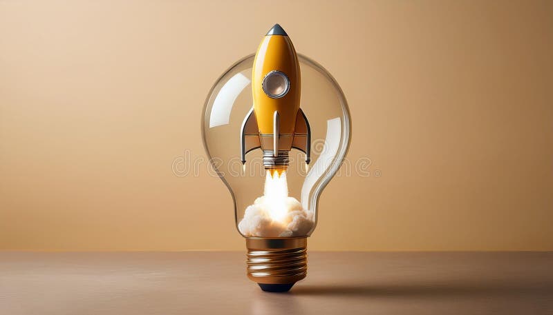 Lightbulb with Rocket Inside, Symbolizing Startup Ideas on Beige ...