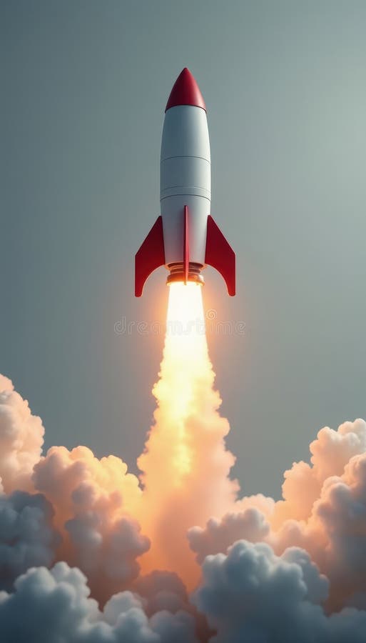 Lightbulb Rocket Launching, Soft Gray Background, Elevate, Concept ...