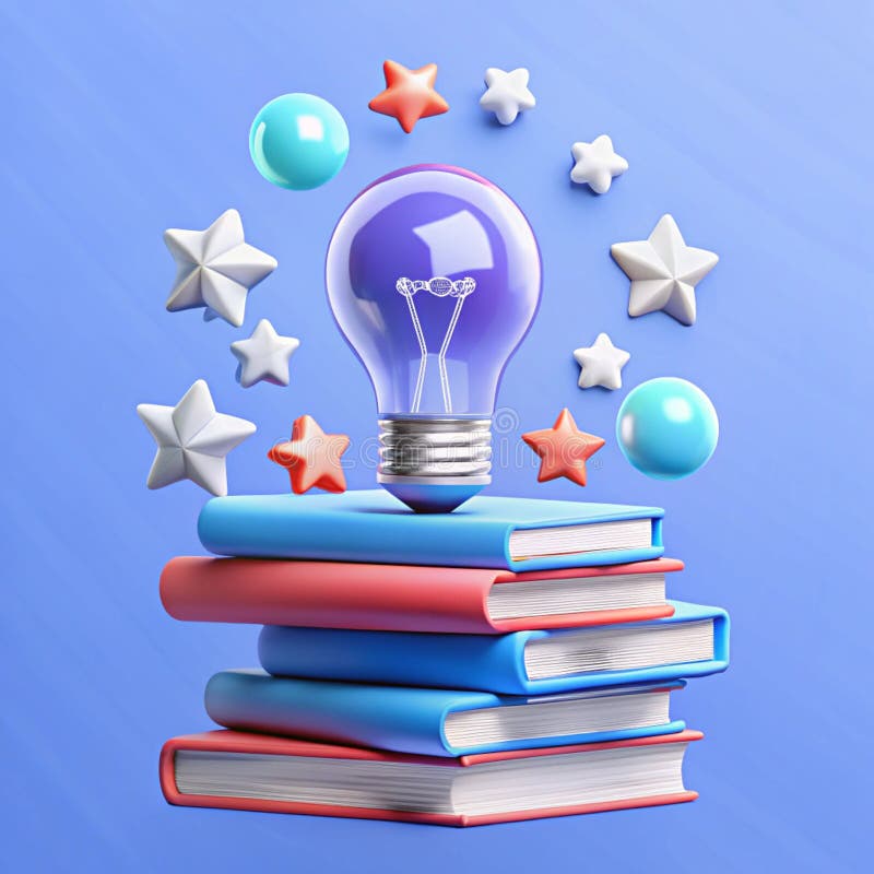 A Lightbulb Sits Atop Stacked Books, Surrounded by Stars and Balls ...