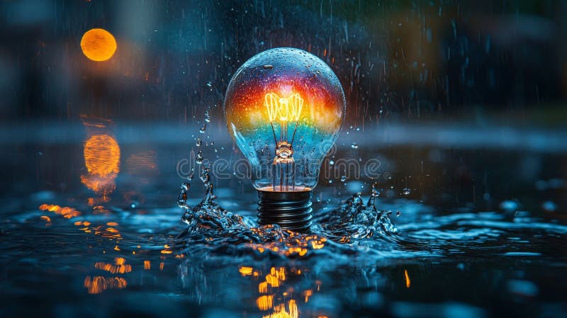 Lightbulb Submerged in Water with Glowing Colors Stock Image - Image of ...
