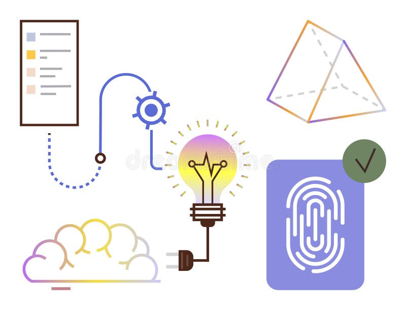 Innovation and Technology Concepts Featuring Lightbulb, Cloud, Pyramid ...