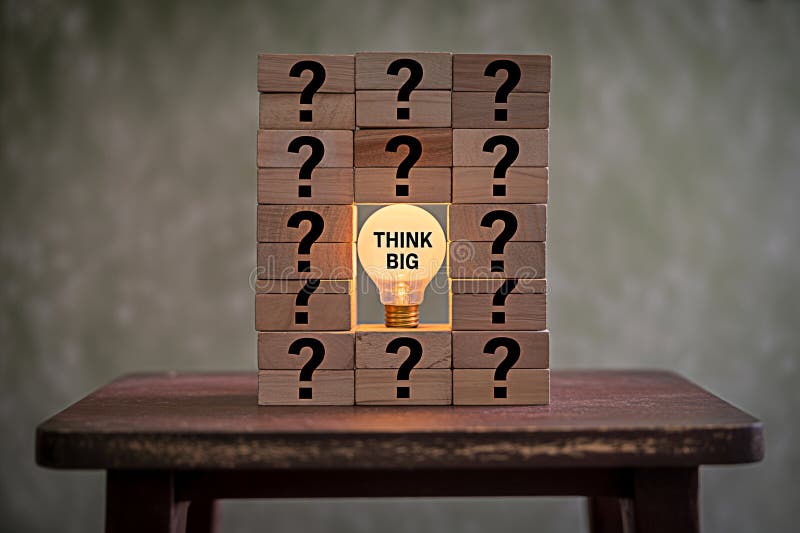 Think Big Concept with Lightbulb and Question Marks Blocks for Creative ...