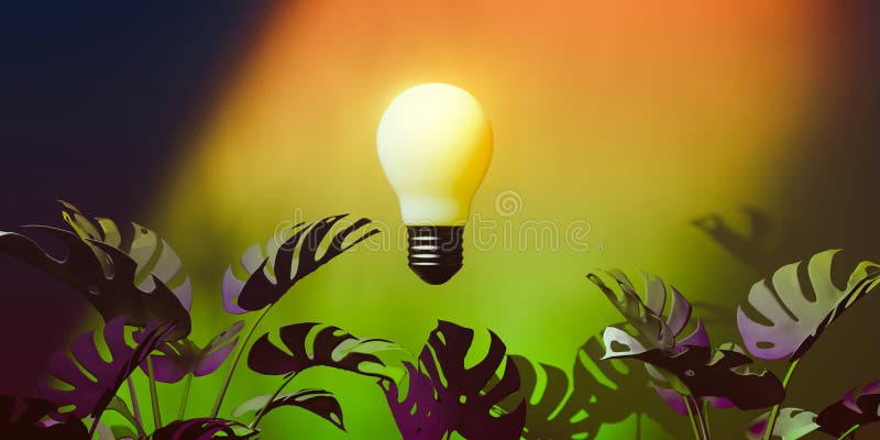 Lightbulb and Tropical Monstera Leaves with Neon Light - 3D Stock ...