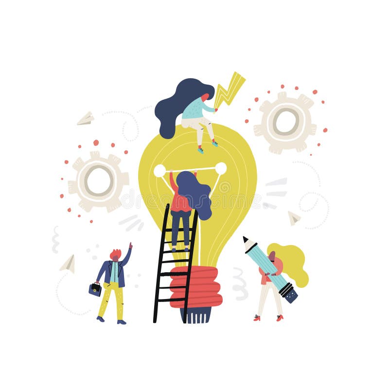 Lightbulb and workers stock vector. Illustration of cartoon - 129589091
