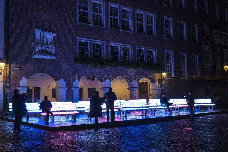 Lighted Benches with Leds at Night in Dusseldorf, Germany Editorial ...