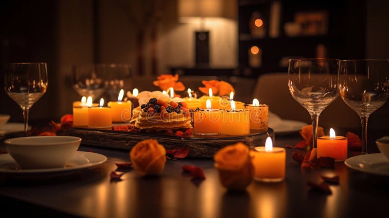 Lighted Candles Stand on the Festive Served Dinner Table, Generative Ai ...