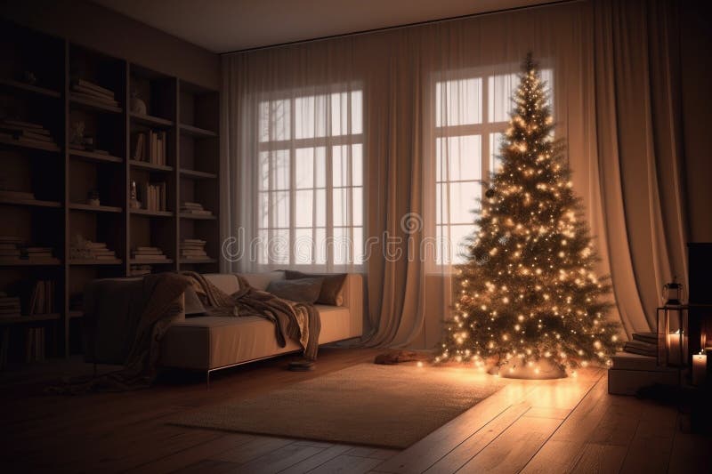 Lighted Christmas Tree in a Cozy, Empty Living Room Stock Illustration ...