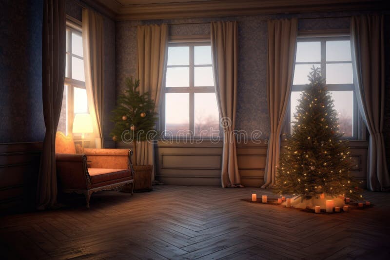 Lighted Christmas Tree in a Cozy, Empty Living Room Stock Illustration ...