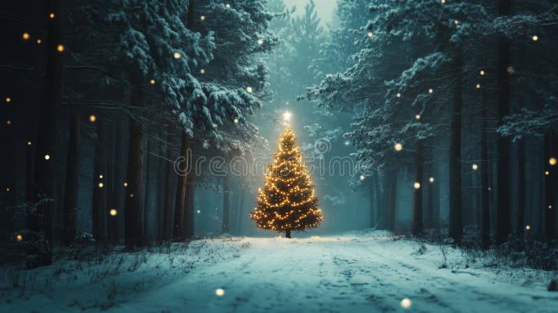 A Lighted Christmas Tree in a Snowy Forest Stock Illustration ...