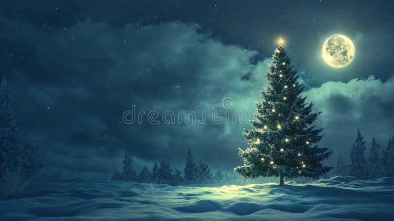 A Lighted Christmas Tree in a Snowy Forest Under a Full Moon Stock ...