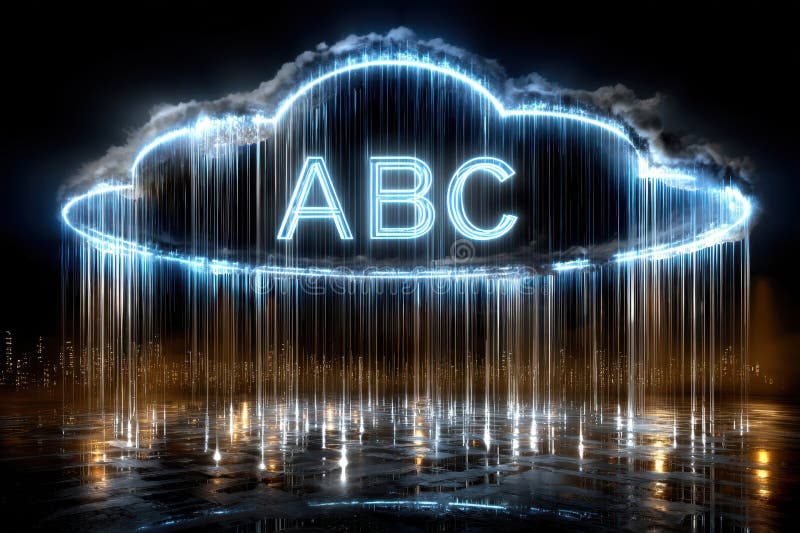 Lighted Cloud Display with Cascading Rain Effect at Nighttime Stock ...