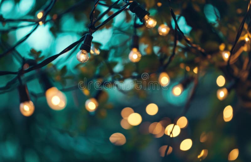 Lighted Fairy Lights Hanging from a String in an Outdoor Garden Stock ...