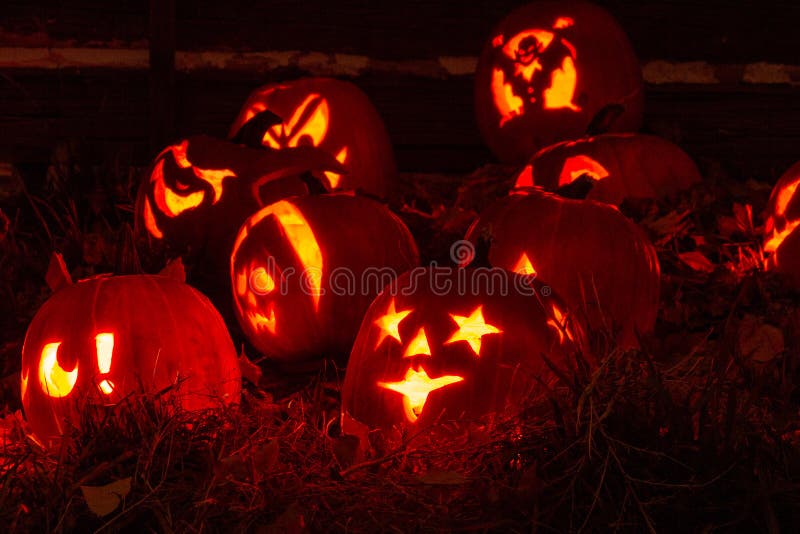 Lighted Halloween Pumpkins stock image. Image of fallen - 37691549