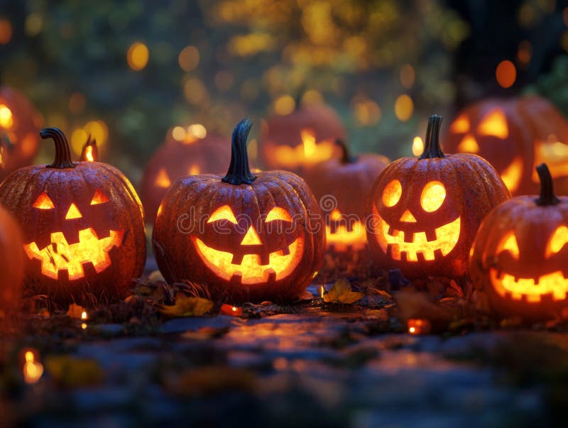 Lighted Jack-o -Lanterns on a Fall Night Stock Illustration ...