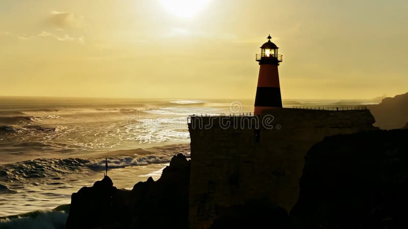 Lighted Lighthouse on a Cliff at Sunset, Overlooking Dramatic Ocean ...