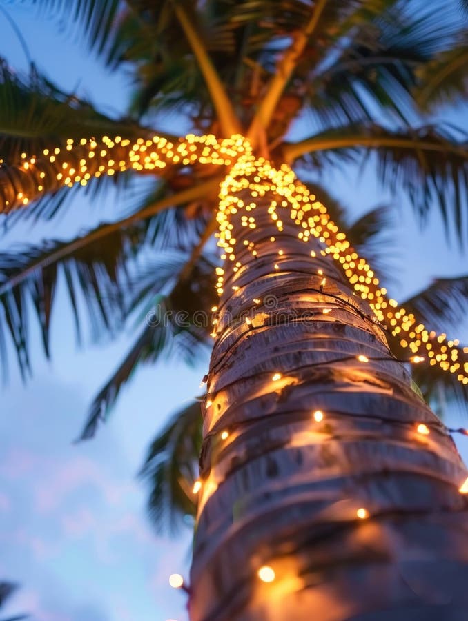 Lighted Palm Tree on Tropical Beach Stock Photo - Image of christmas ...