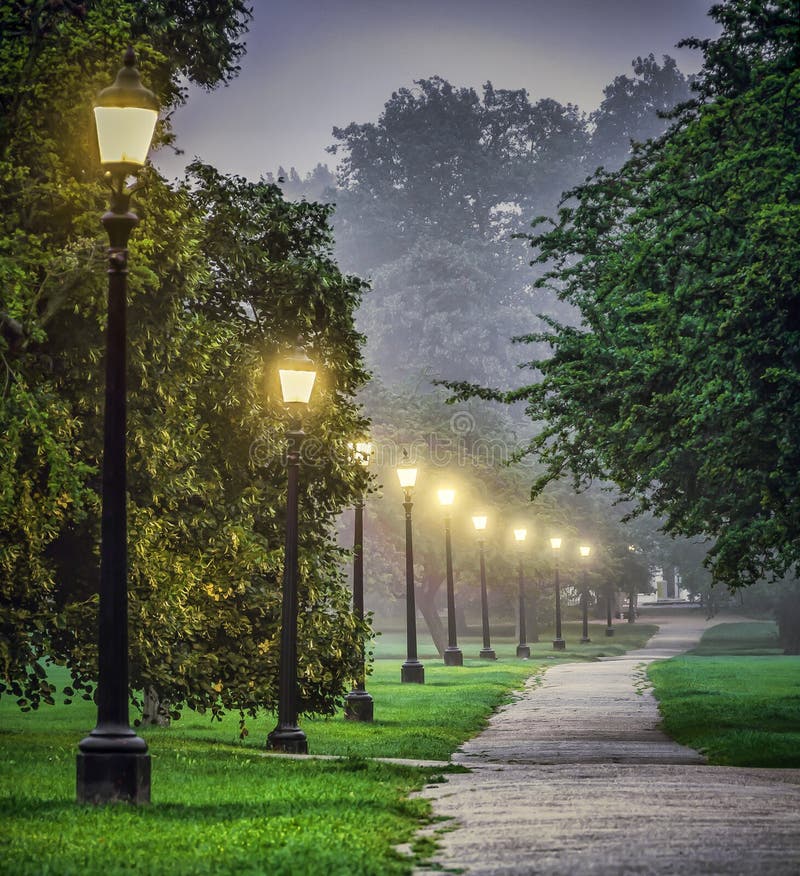 Lighted Park Path in the Morning Stock Photo - Image of empty, park ...