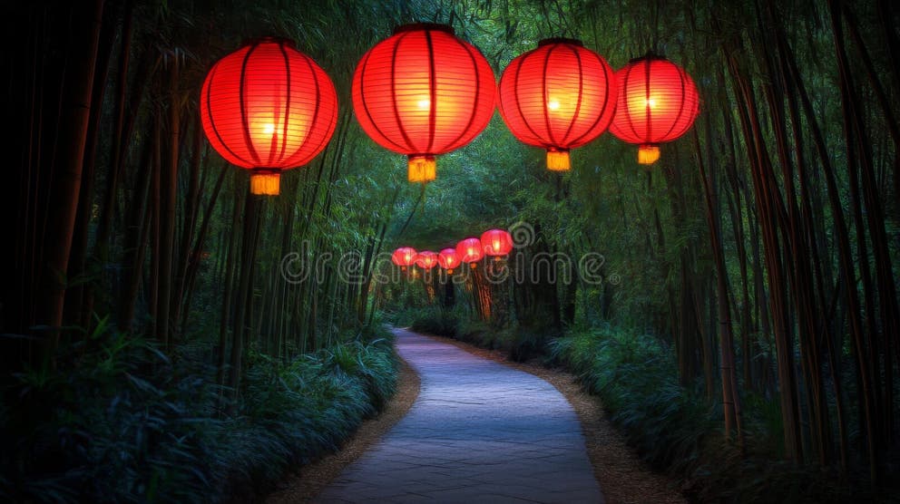 Lighted Path through Bamboo Forest at Night Stock Illustration ...