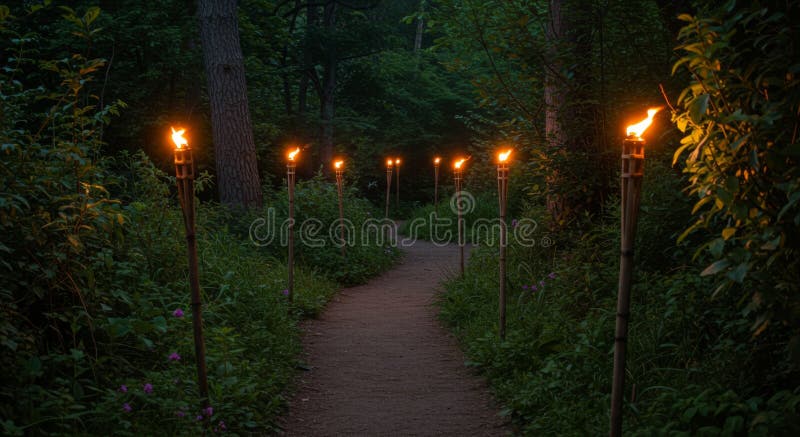 Lighted Path through a Dark Forest at Night Stock Illustration ...