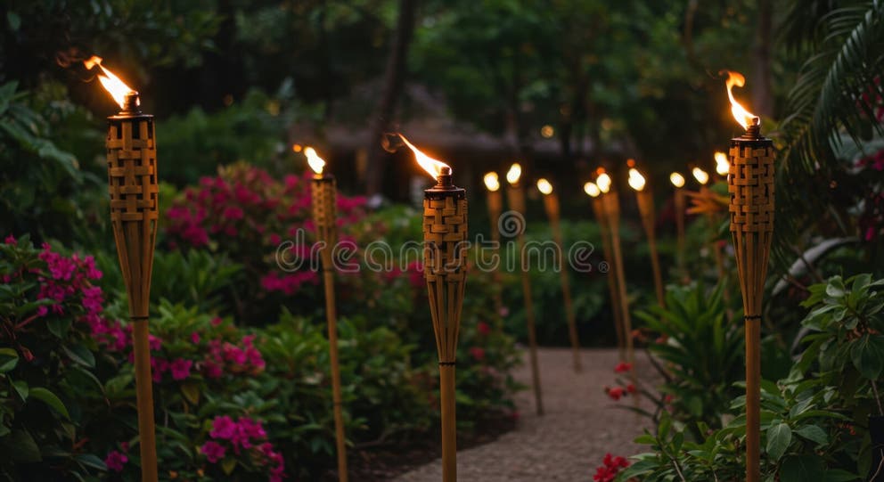 Lighted Path through Tropical Garden at Night Stock Illustration ...
