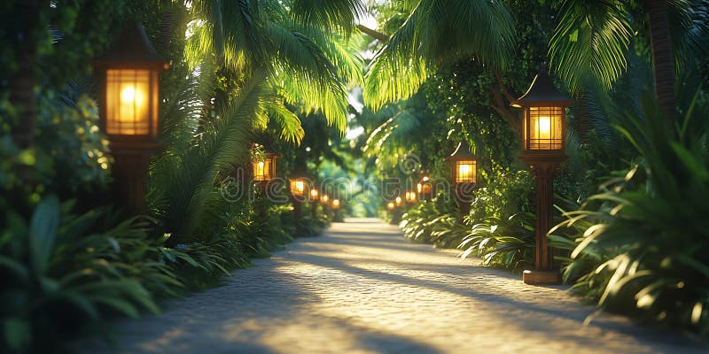 Lighted Path Tropical Jungle Walkway Background Wallpaper Stock ...