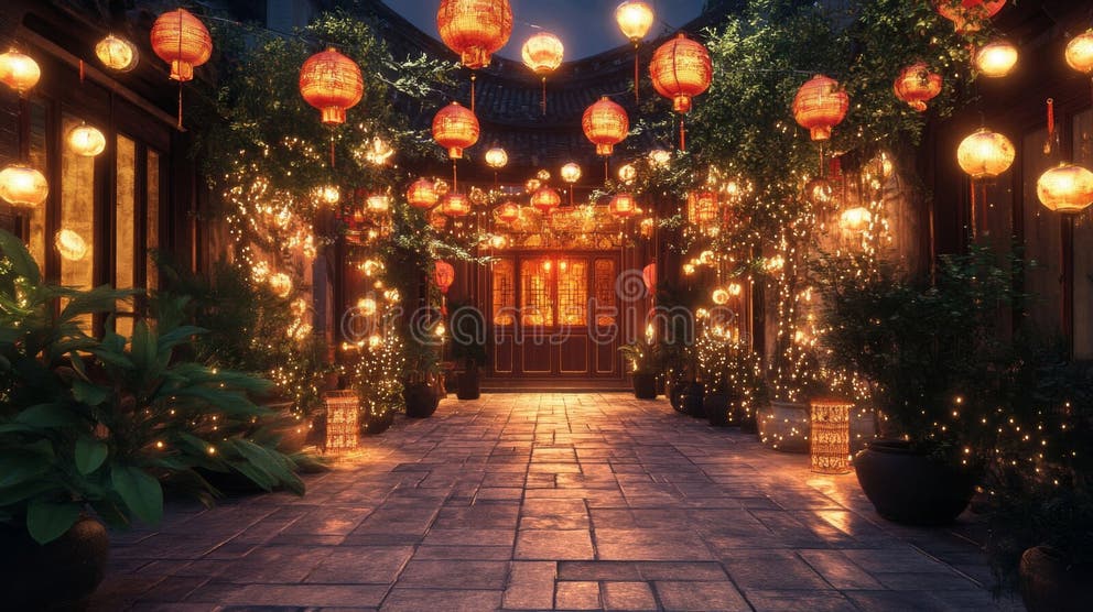 Lighted Pathway through Asian Architecture at Night Stock Illustration ...