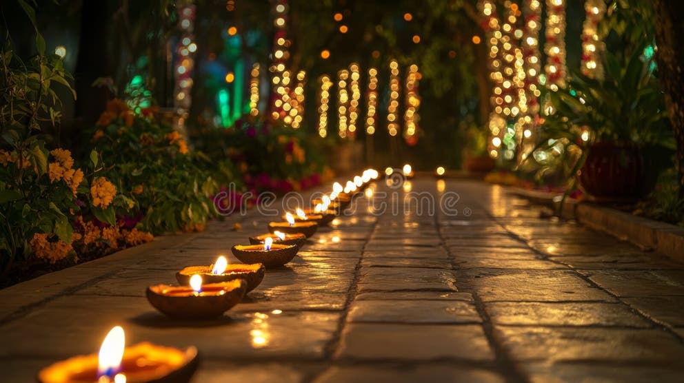 Lighted Pathway Candles Illuminate a Garden at Night Stock Image ...