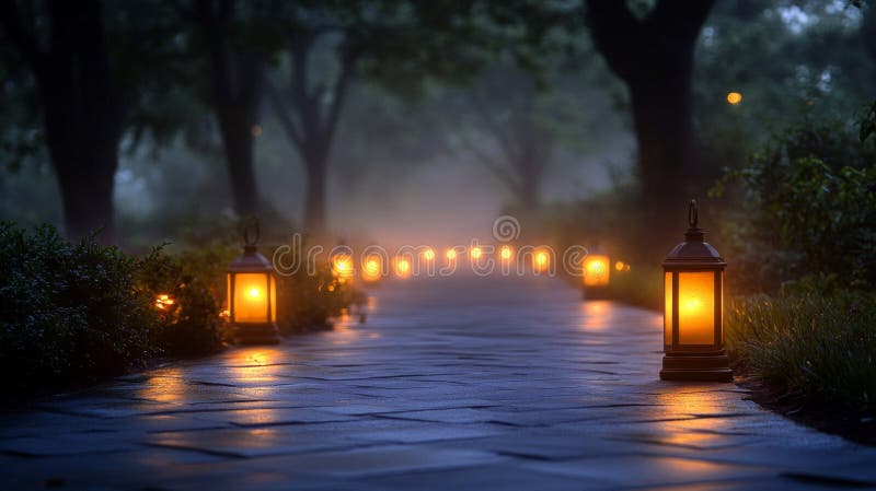 Lighted Pathway through Foggy Garden at Night Stock Illustration ...