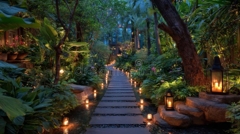 Lighted Pathway through a Lush Tropical Garden at Night Stock Image ...