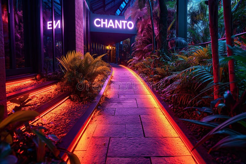 A Lighted Pathway in a Tropical Garden at Night, Showing Neon Lighting ...