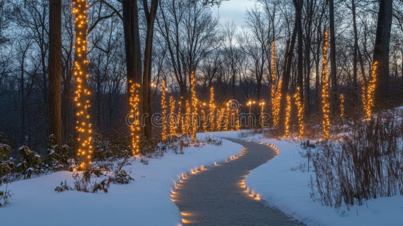 Lighted Pathway Winding through a Snowy Winter Woods Stock Illustration ...