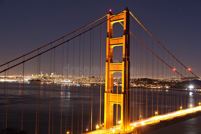 Lighted Pylon of Golden Gate Bridge Stock Image - Image of building ...